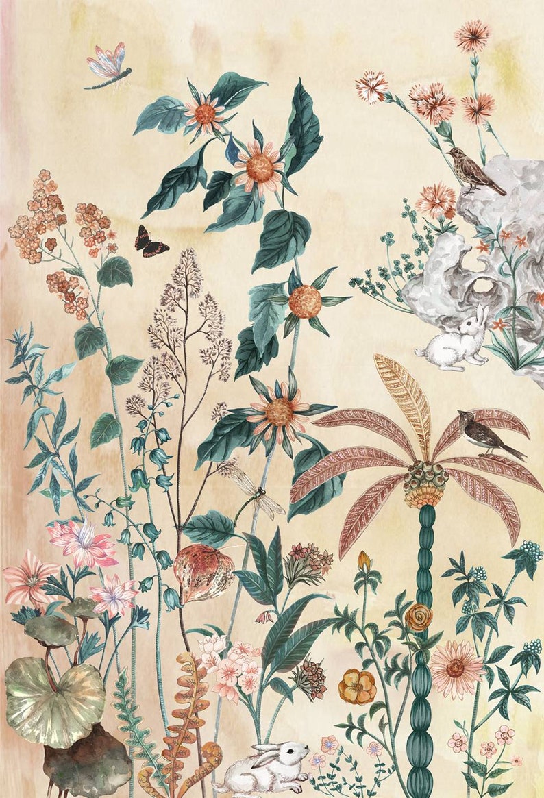 Tropical Plants Wall Mural Freehand Sketching Jungle | Etsy