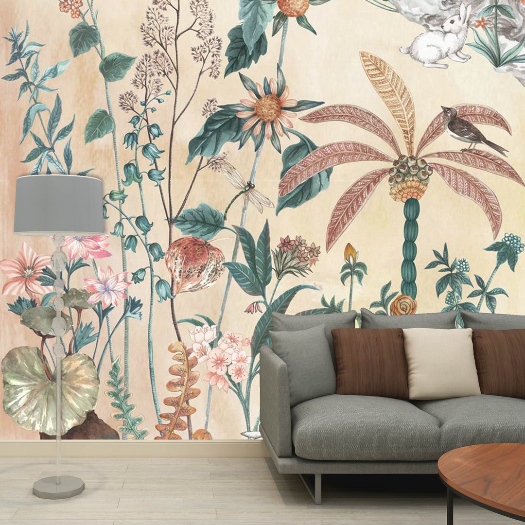 Tropical Plants Wall Mural Freehand Sketching Jungle - Etsy