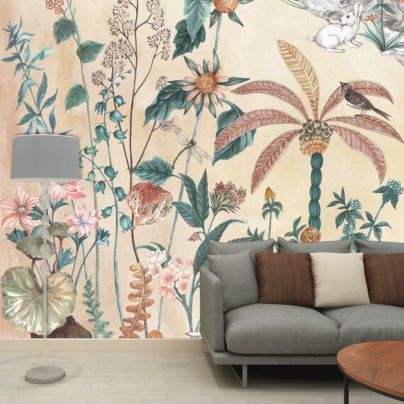 Tropical Plants Wall Mural Freehand Sketching Jungle | Etsy