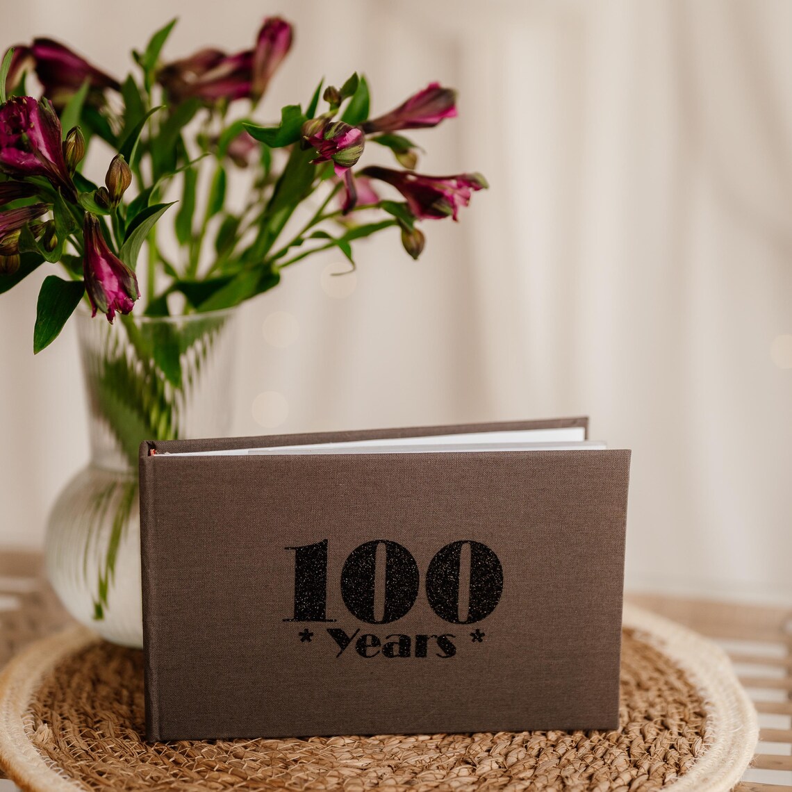 100th Birthday Photo Album in Charcoal With Black Sparkle Print (also ...