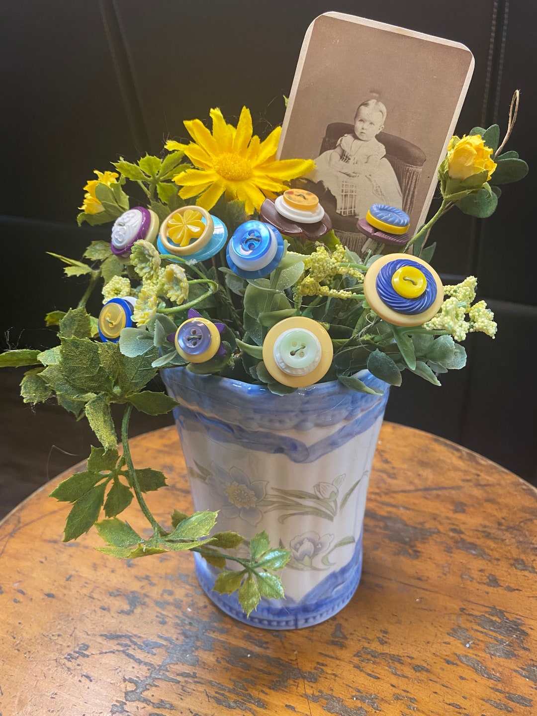 Vintage Button Flowers Blue Ceramic Wall Pocket - Etsy