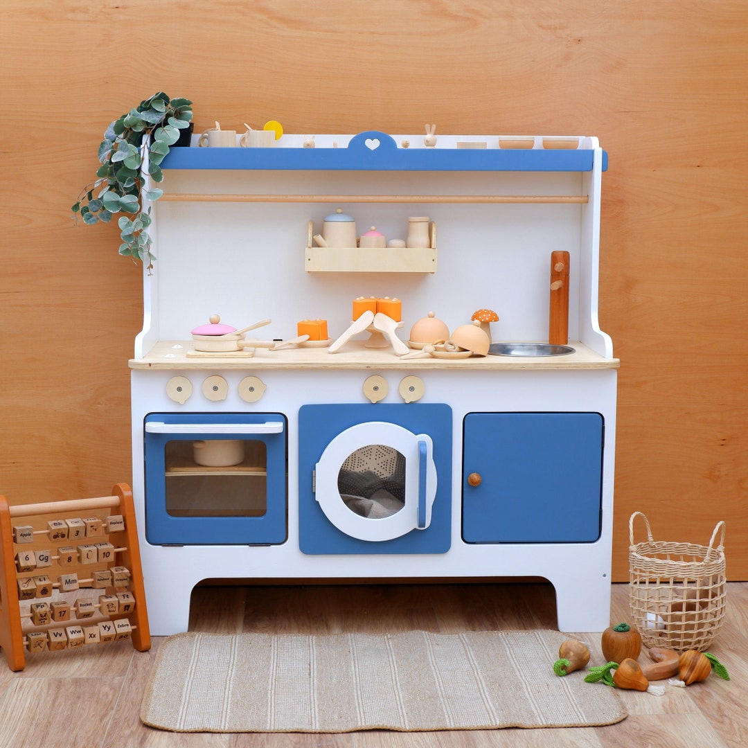 Handcrafed Wooden Play Kitchen White and Blue Customizable Play Area ...
