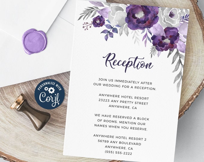 Printable OR Printed Wedding Reception Cards Purple Reception Inserts ...