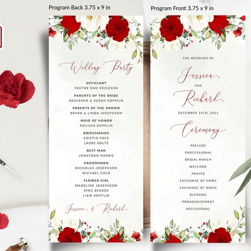ROSIE Red and White Roses Program Red Roses Wedding - Etsy