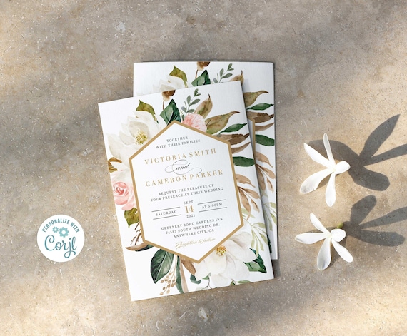 Magnolia Wedding Invitation Wedding Invitation Template | Etsy