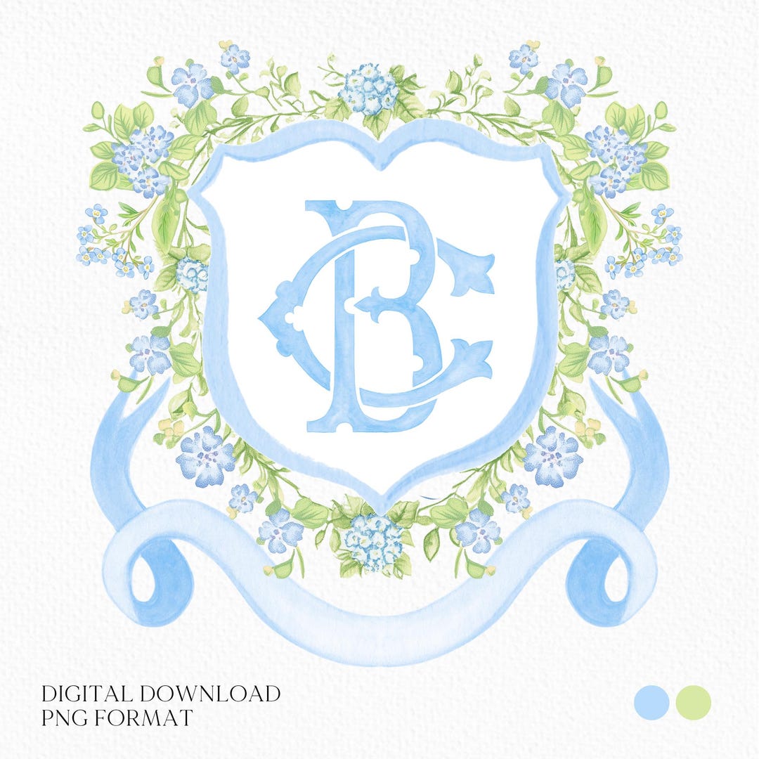 Watercolor Blue Flower Wedding Crest - Monogram Crest - Botanical ...