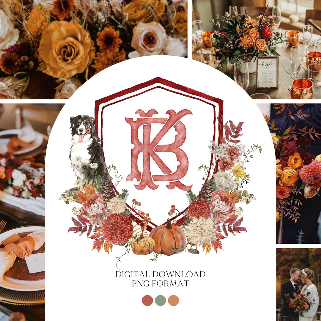 Autumn Watercolor Flower Leaf Wedding Crest - Monogram Crest - Rustic ...