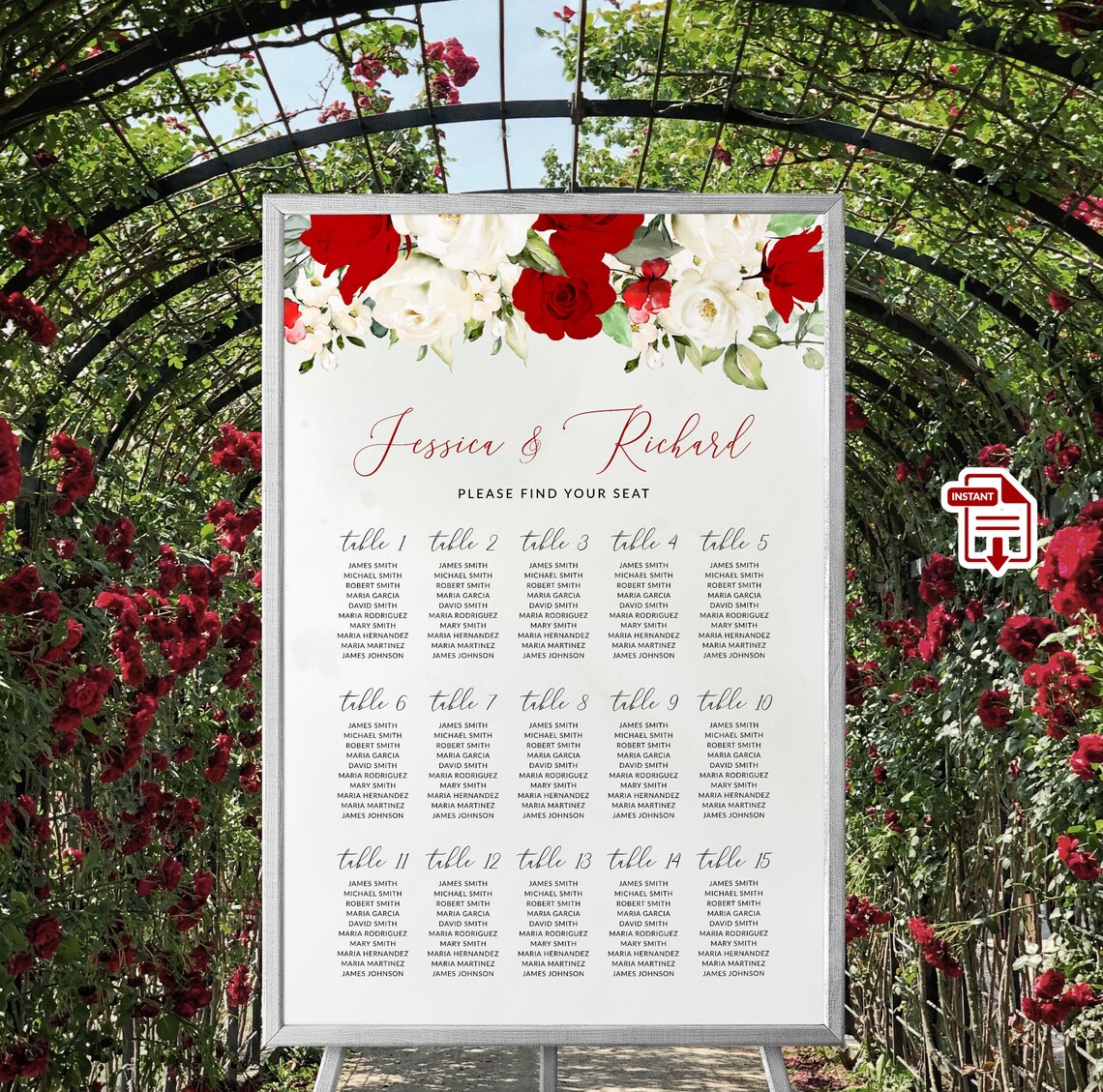 ROSIE Red Floral Wedding Seating Chart, Red and White Roses Seating ...