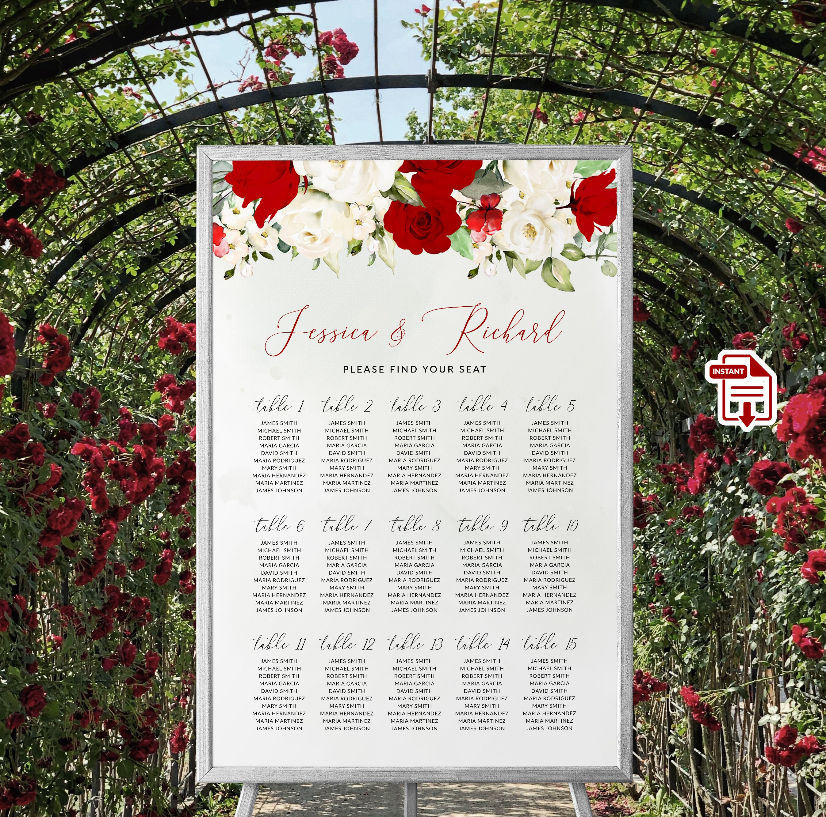 ROSIE Red Floral Wedding Seating Chart, Red and White Roses Seating ...