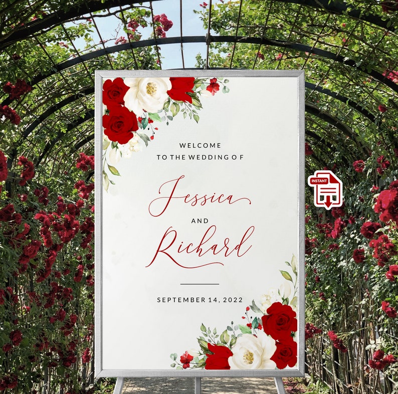 ROSIE Red and White Roses Wedding Welcome Sign, Red Roses Wedding Sign ...