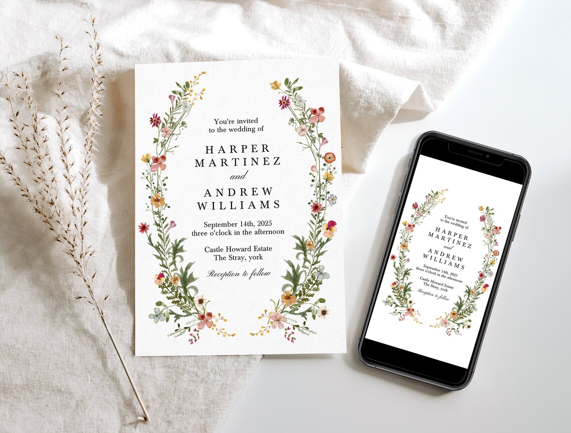 Wildflower Wedding Invitation Card Template, Summer Spring Wedding ...