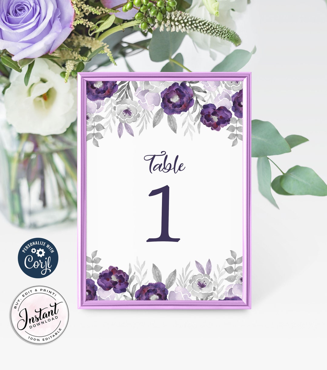 Purple and Silver Watercolor Floral Wedding Table Number, Purple Floral ...