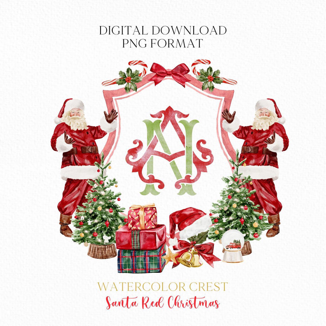 Santa Red Green Christmas Crest Monogram Crest Christmas Watercolor ...