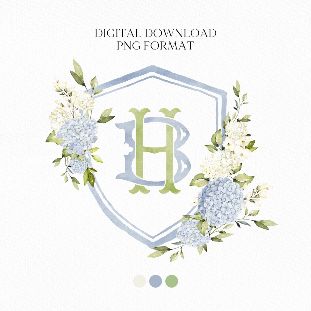 Blue White Hydrangea Flower Wedding Crest - Monogram Crest - Hydrangea ...
