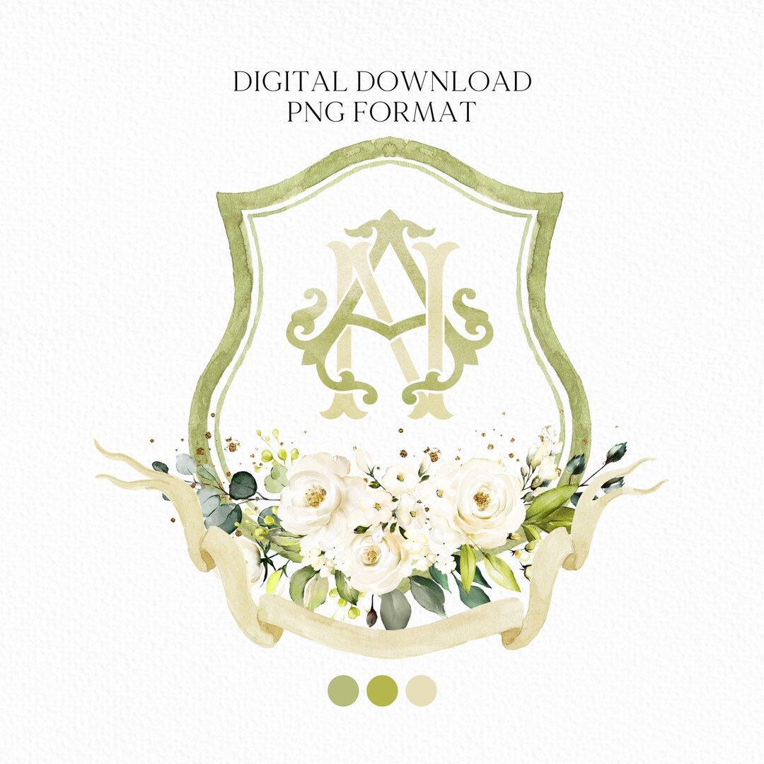 White Roses Eucalyptus Flower Wedding Crest - Monogram Crest - White ...