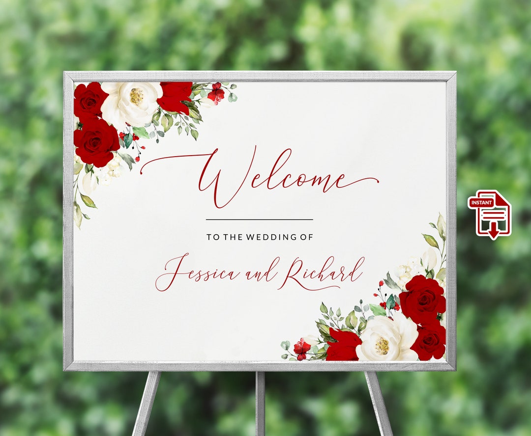 ROSIE - Red and White Roses Wedding Welcome Sign, Red Roses Wedding ...