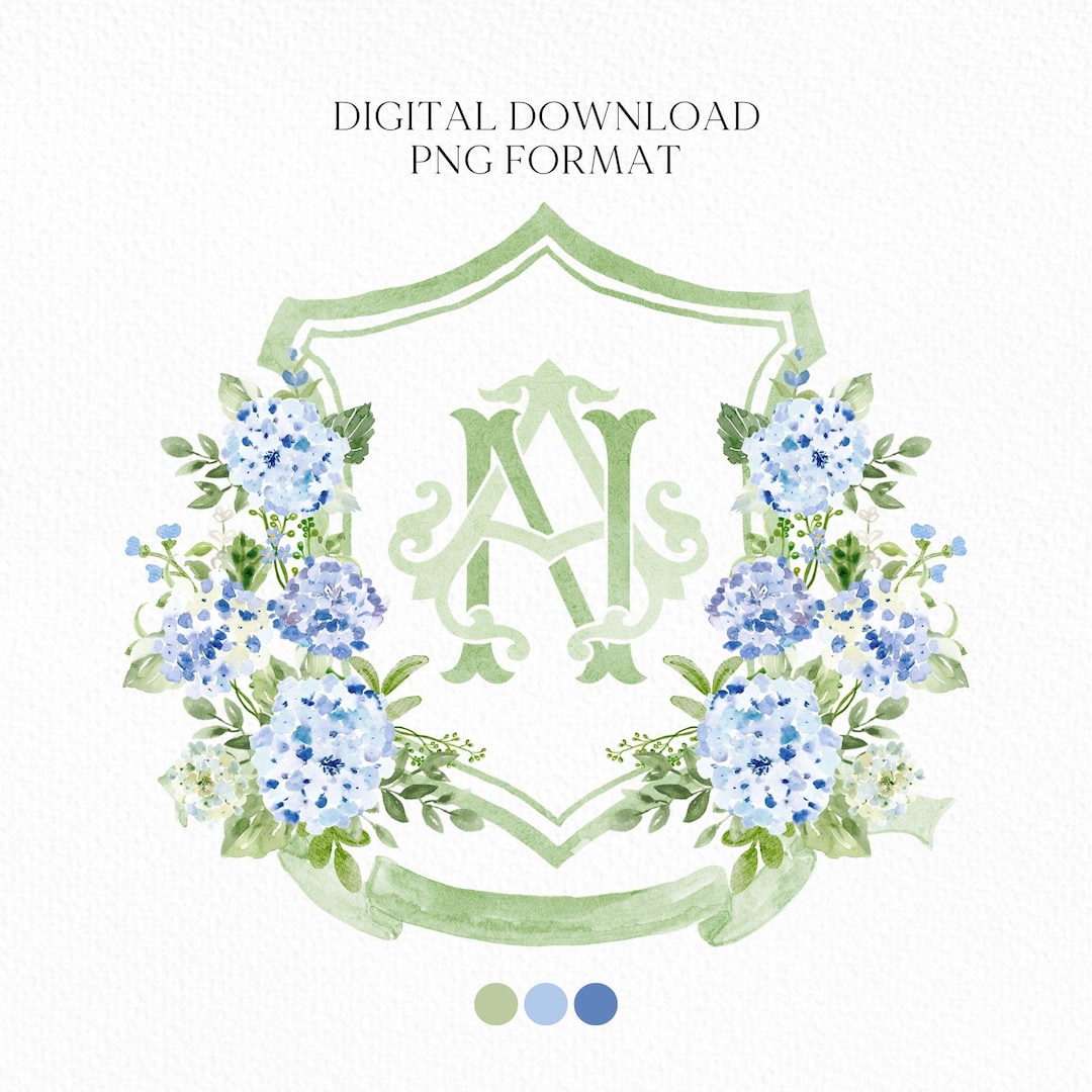 Hydrangea Blue Wedding Crest - Monogram Crest - Hydrangea Floral Luxury ...