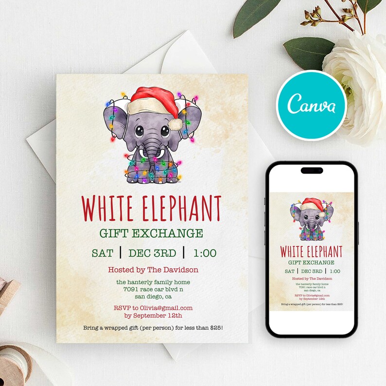 White Elephant Party Invitation Template, Secret Santa Christmas Party ...