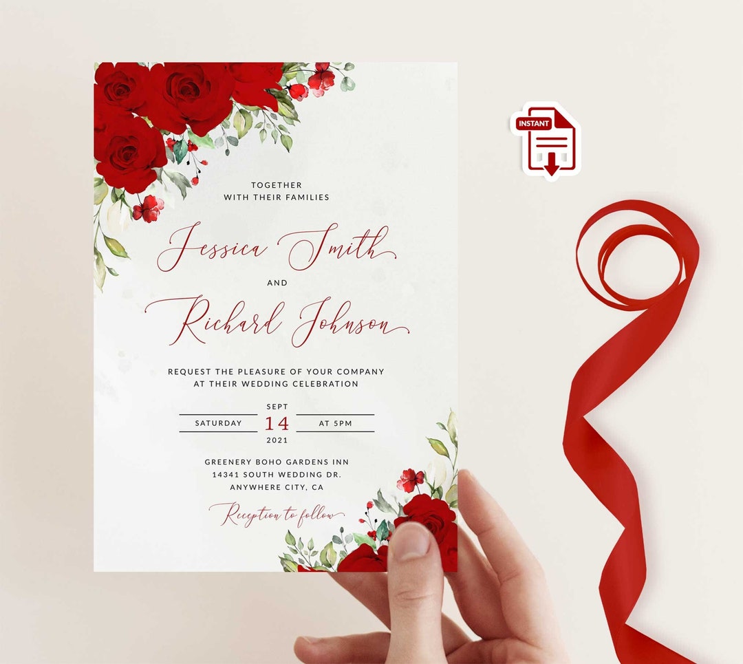 Red Roses Wedding Invitation, Red Floral Wedding Invitation, Red ...