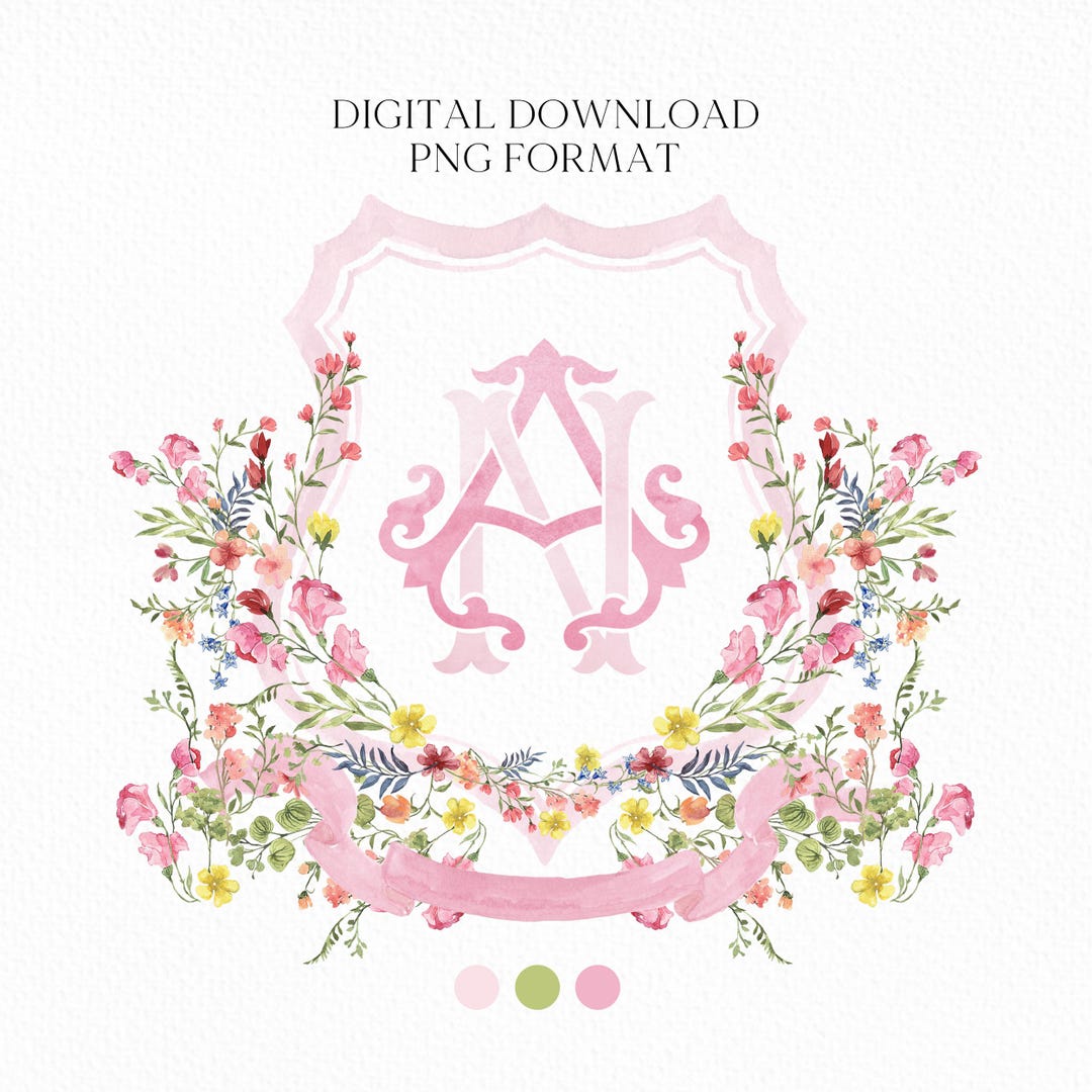 Wildflower Pink Flower Wedding Crest - Monogram Crest - Floral Luxury ...
