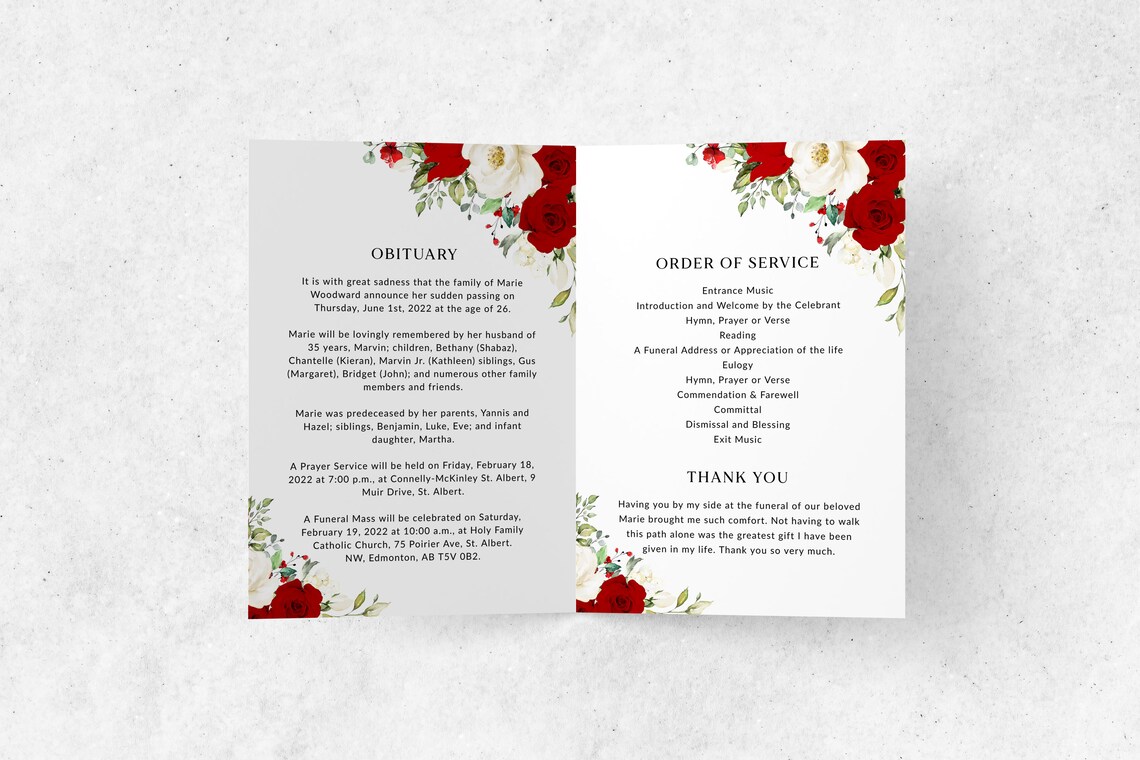 Funeral Program Template, Red Roses Funeral Program Template, Memorial ...
