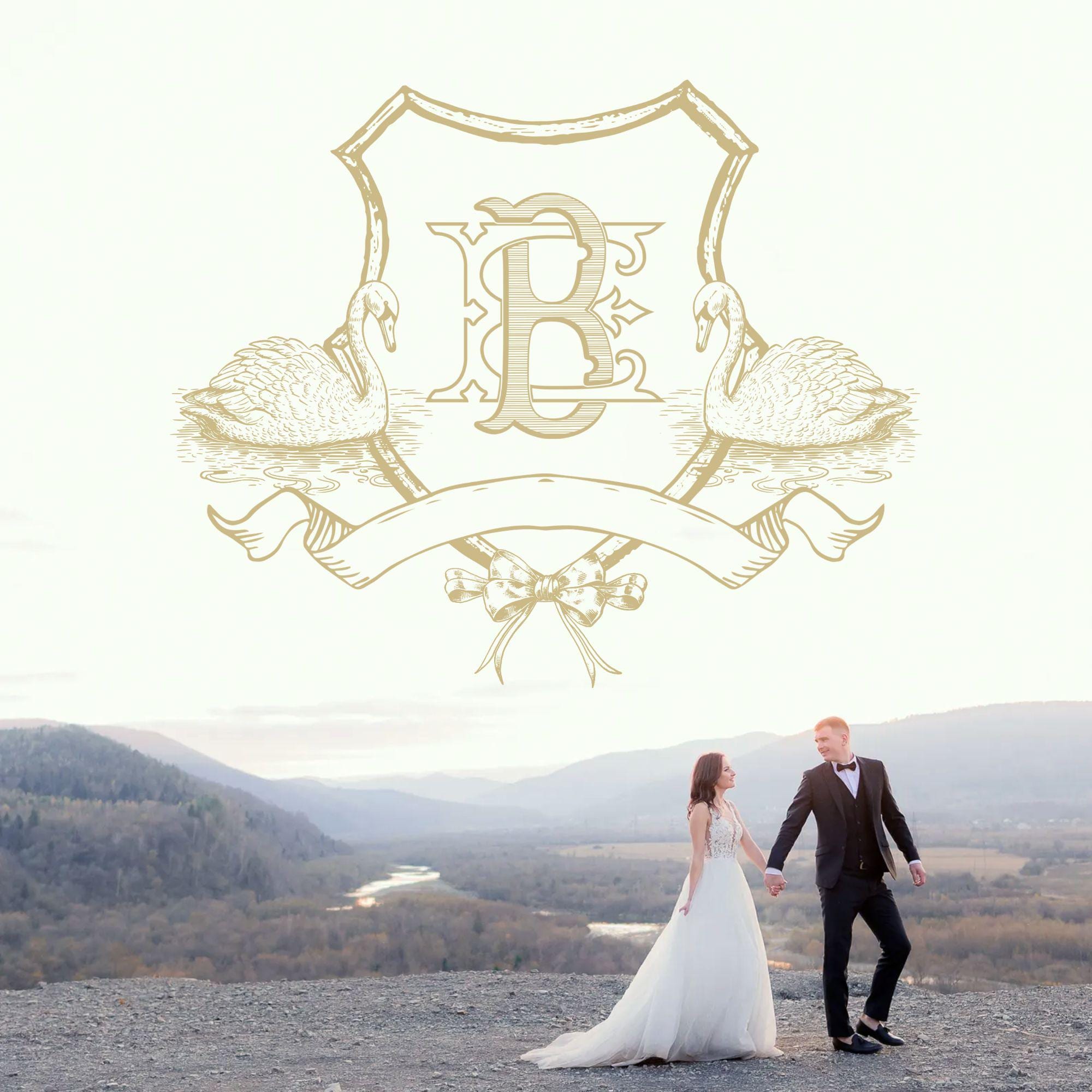 Vintage Swans Gold Wedding Crest Bow Crest - Monogram Crest - Bow Swans ...
