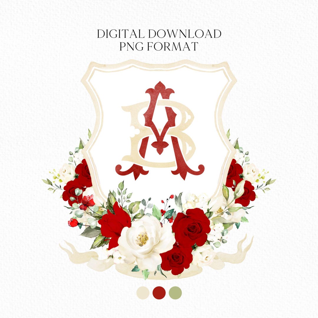 ROSIE - Red and White Roses Flower Wedding Crest - Monogram Crest ...