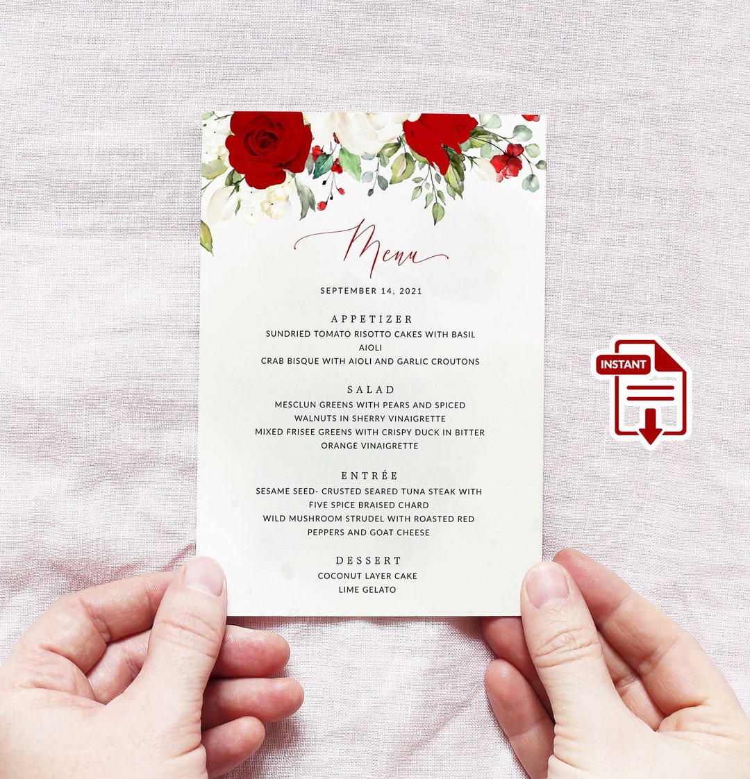 ROSIE - Red Floral Wedding Menu Card Template, Red and White Roses Menu ...