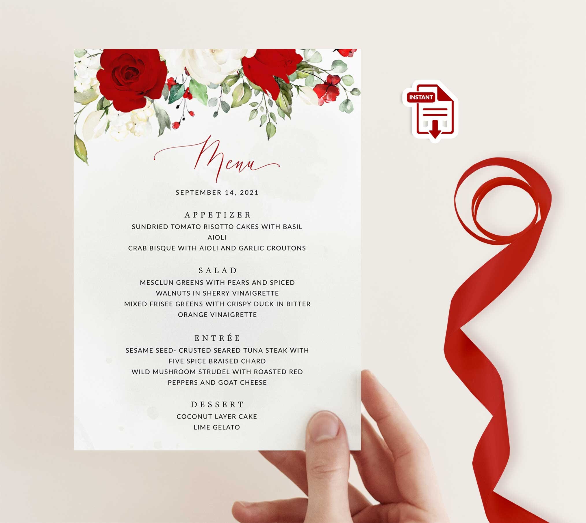 ROSIE - Red Floral Wedding Menu Card Template, Red and White Roses Menu ...
