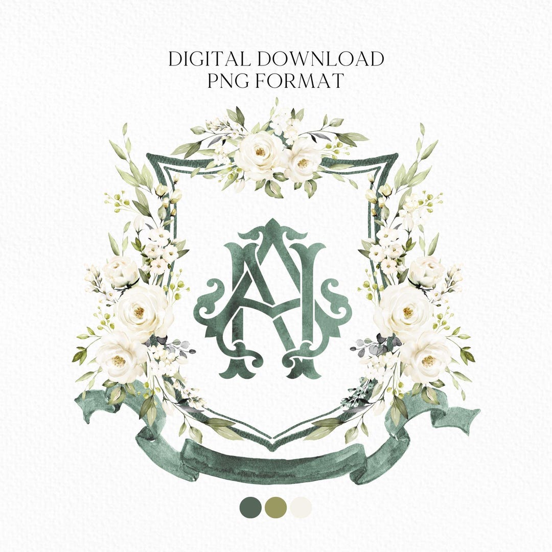 Creamy Rose Ivory Greenery White Flower Wedding Crest - Monogram Crest ...