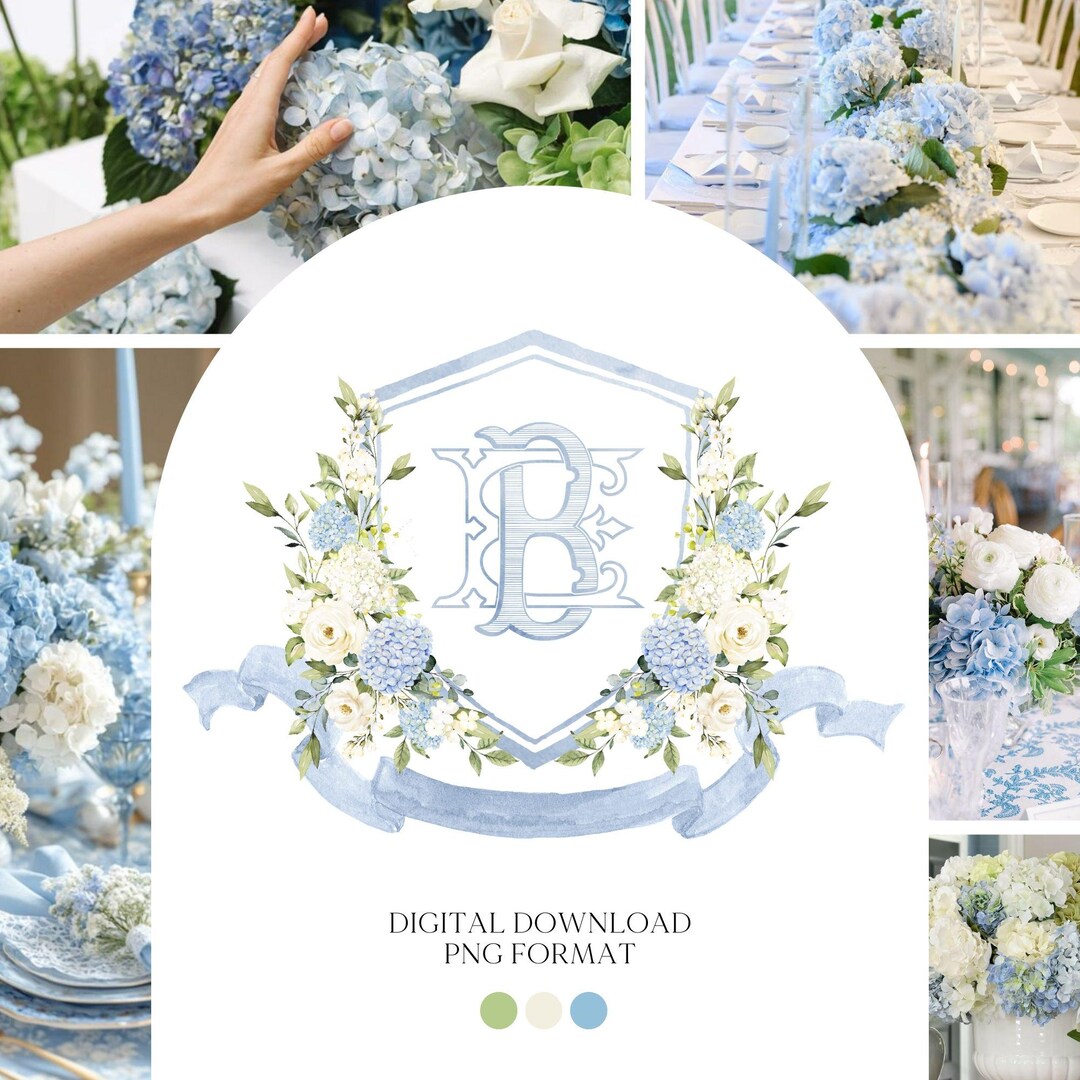 White Roses Hydrangea Flower Wedding Crest - Monogram Crest - Hydrangea ...