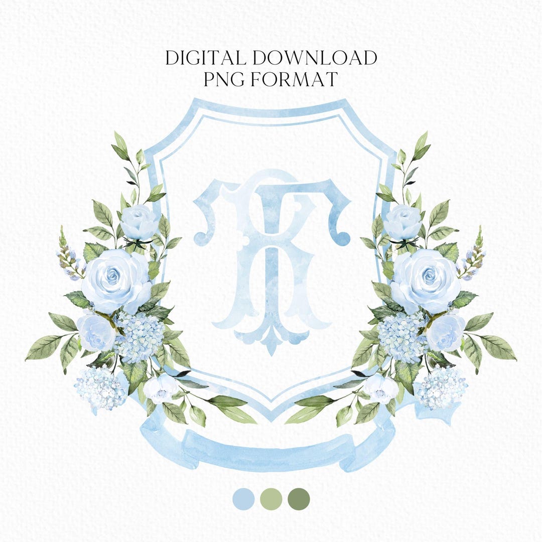 Baby Blue Roses Eucalyptus Flower Wedding Crest - Monogram Crest - Blue ...