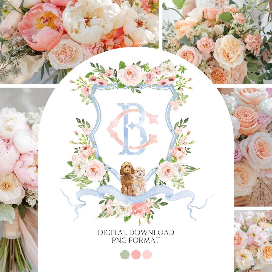 Blush Peony Floral Rustic Greenery Flower Wedding Crest - Monogram ...