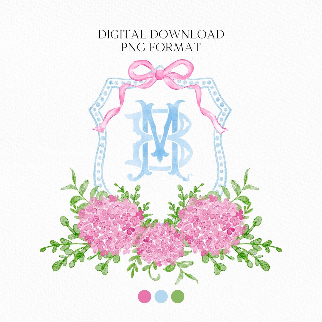 Hydrangea Pink Bow Crest Flower Wedding Crest - Monogram Crest ...
