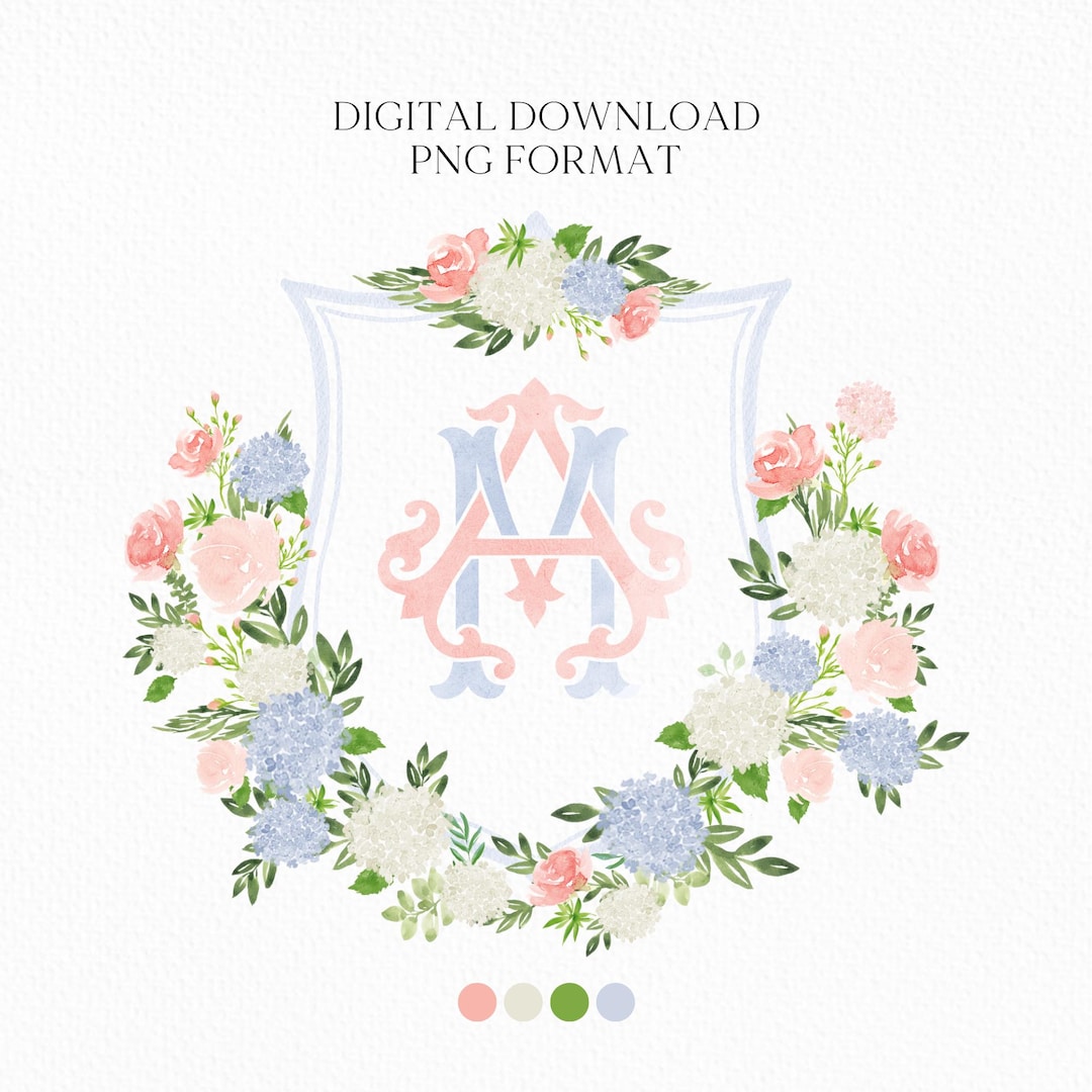 Blue Hydrangea Blush Peony Flower Wedding Crest - Monogram Crest ...