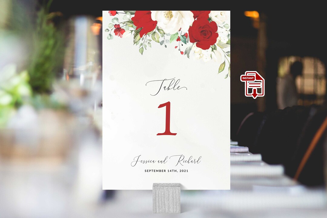 ROSIE - Red Floral Wedding Table Number, Red and White Roses Table ...