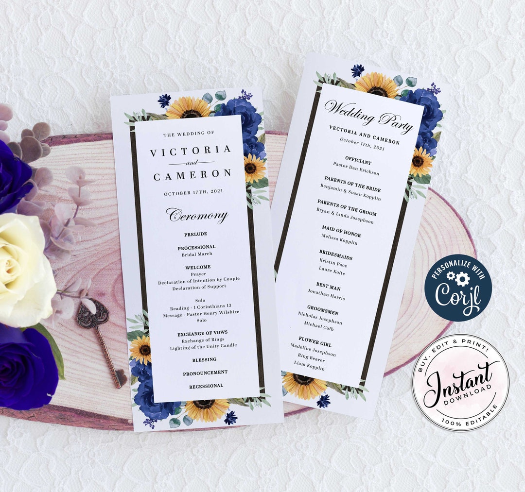 Sunflowers Royal Blue Roses Watercolor Floral Wedding Program, Rustic ...