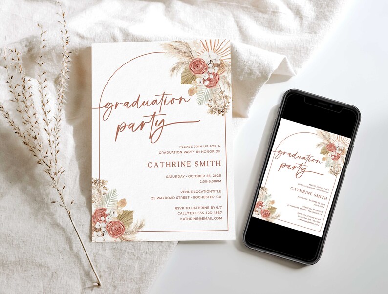 Boho Graduation Party Invitation, Minimalist Graduation Announcement ...