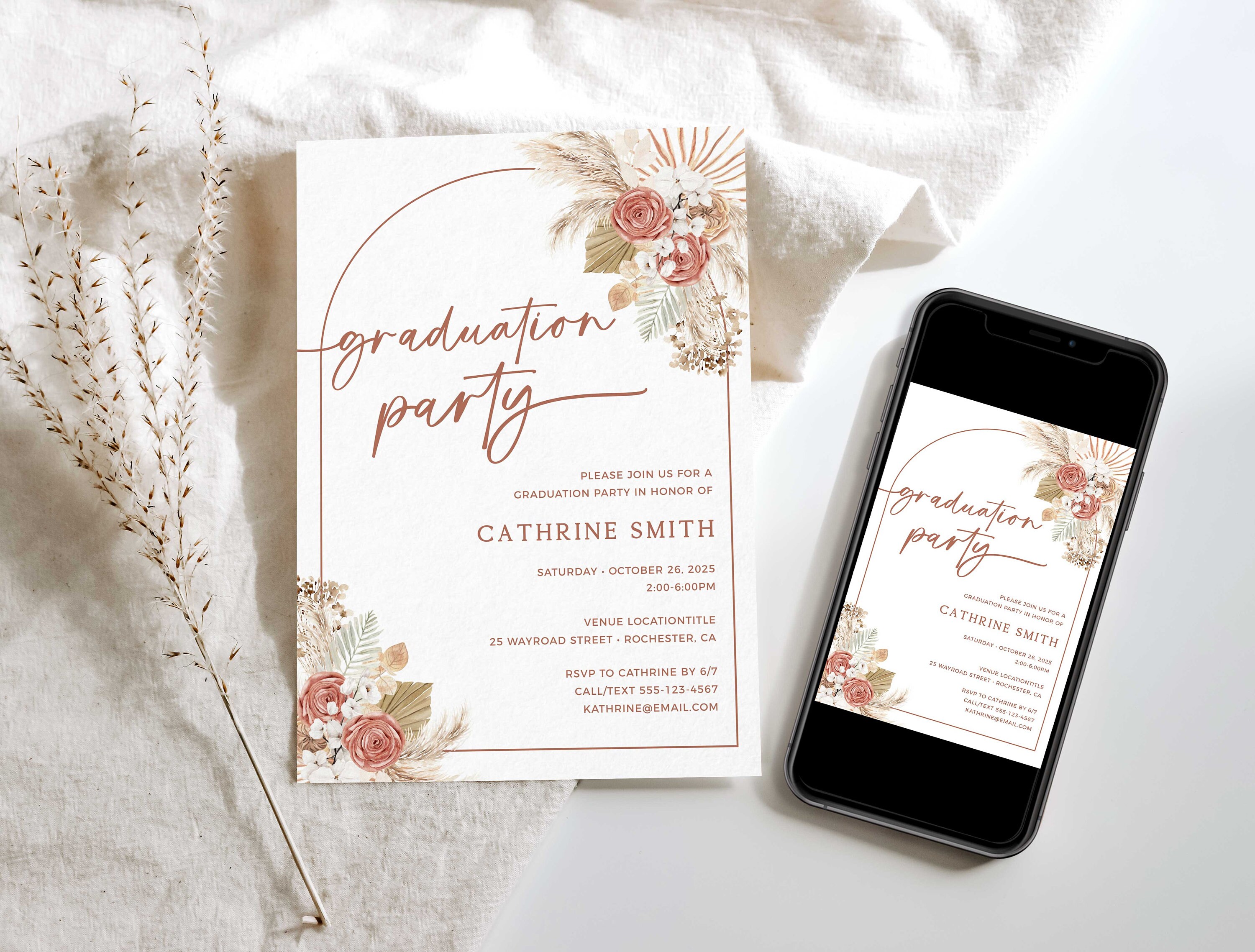 Boho Graduation Party Invitation, Minimalist Graduation Announcement ...