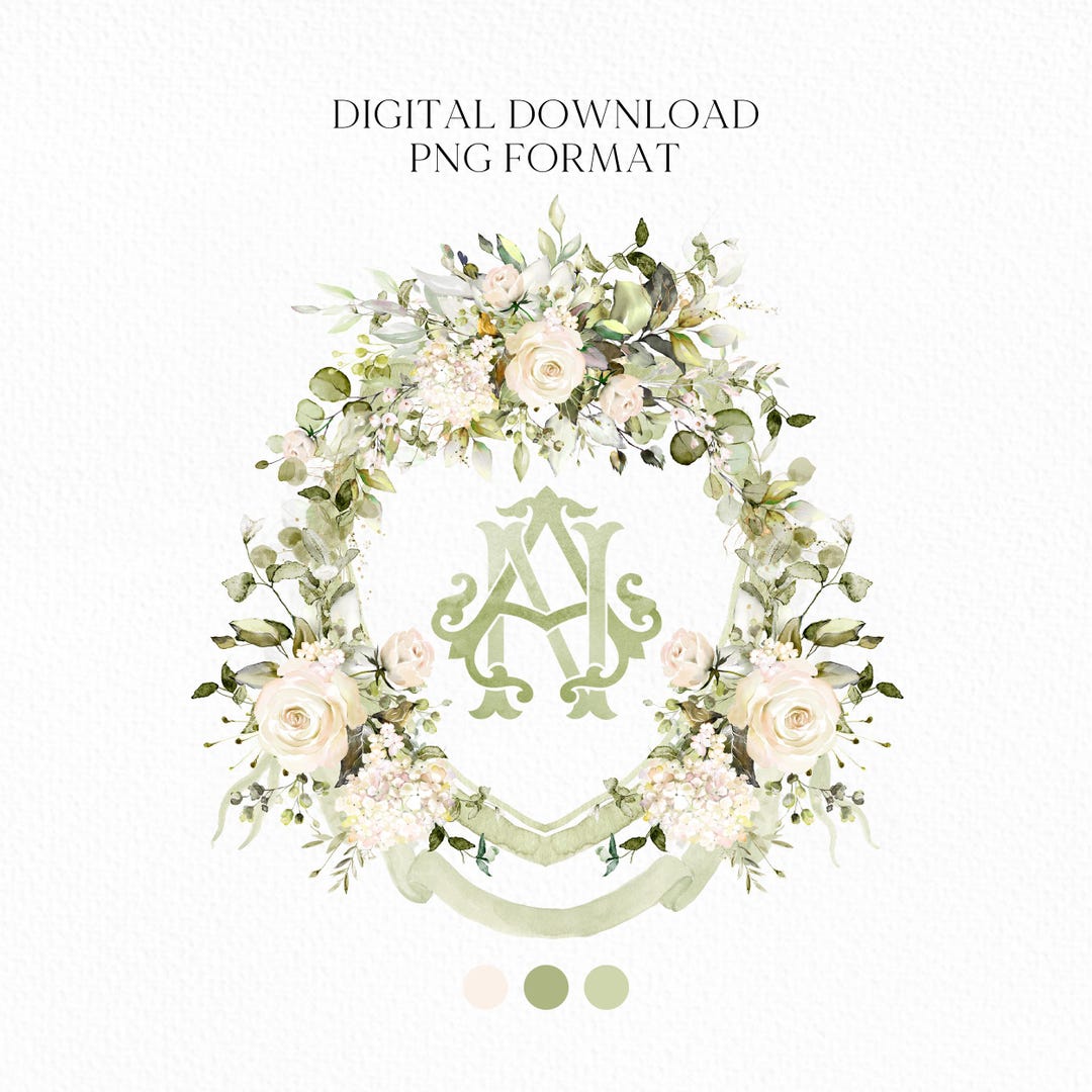 White Roses Eucalyptus Flower Wedding Crest - Monogram Crest - White ...