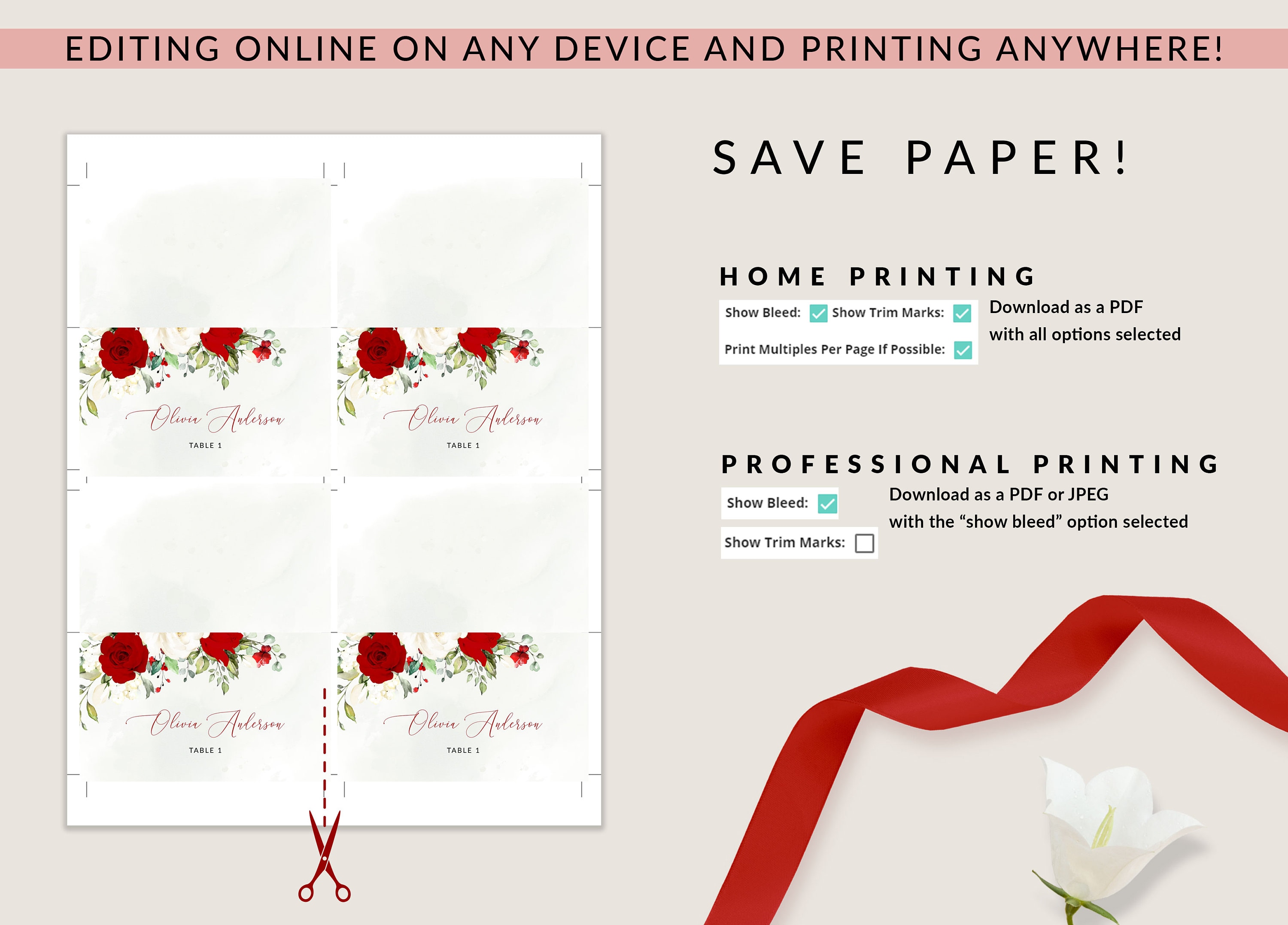 ROSIE - Printable Table Name Card, Red and White Roses Place Cards ...