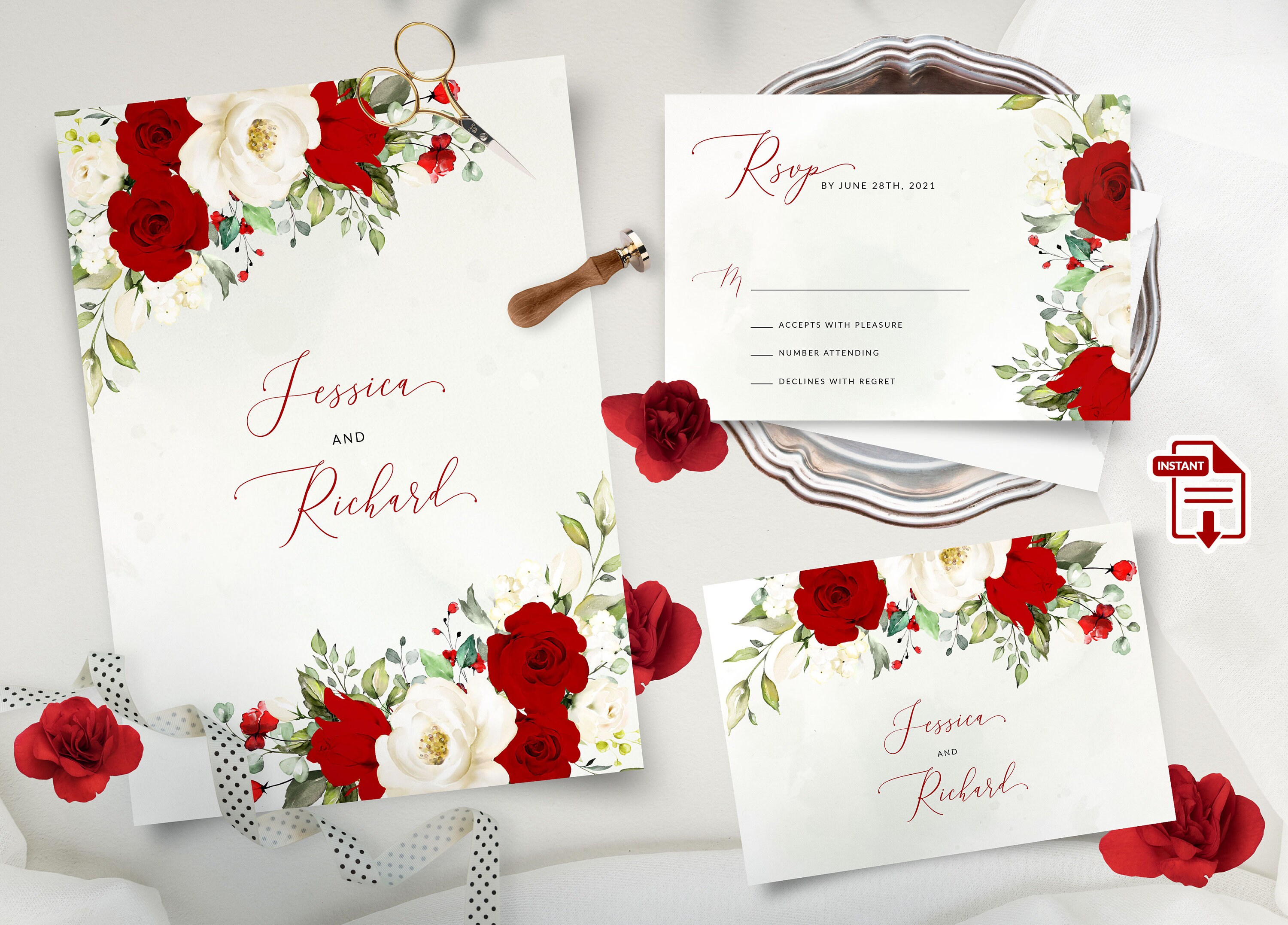 ROSIE Red and White Roses Invitation Red Roses Wedding - Etsy