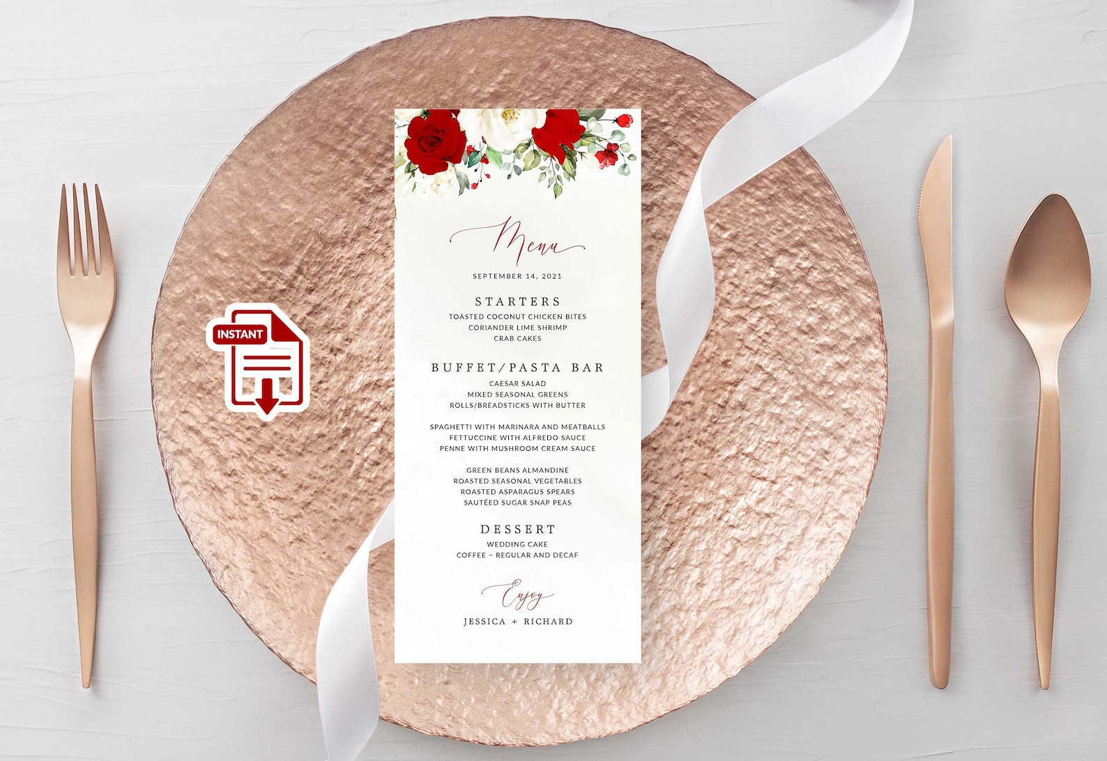 ROSIE - Red Floral Wedding Menu Card Template, Red and White Roses Menu ...