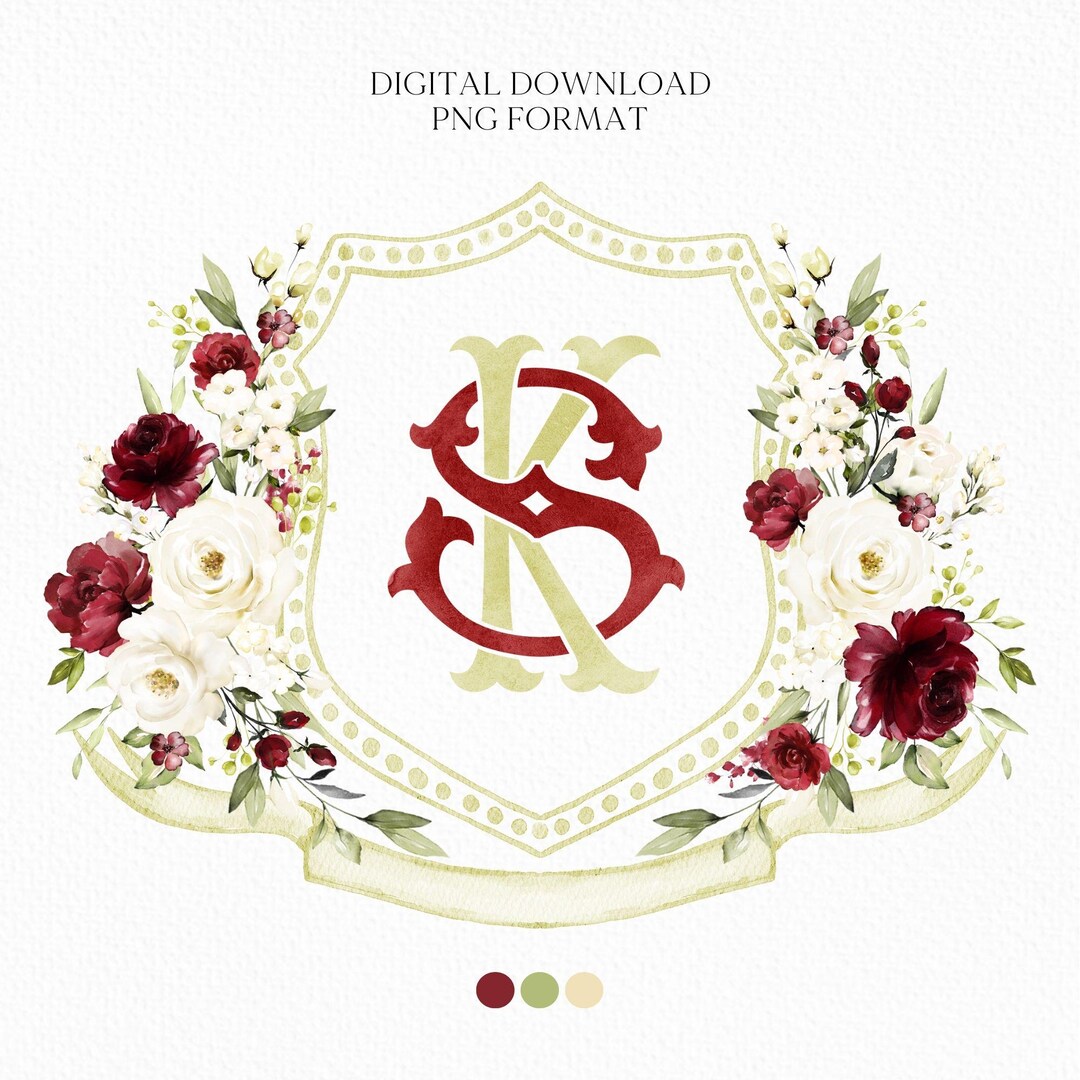 Burgundy and White Floral Wedding Crest - Monogram Crest - Roses White ...