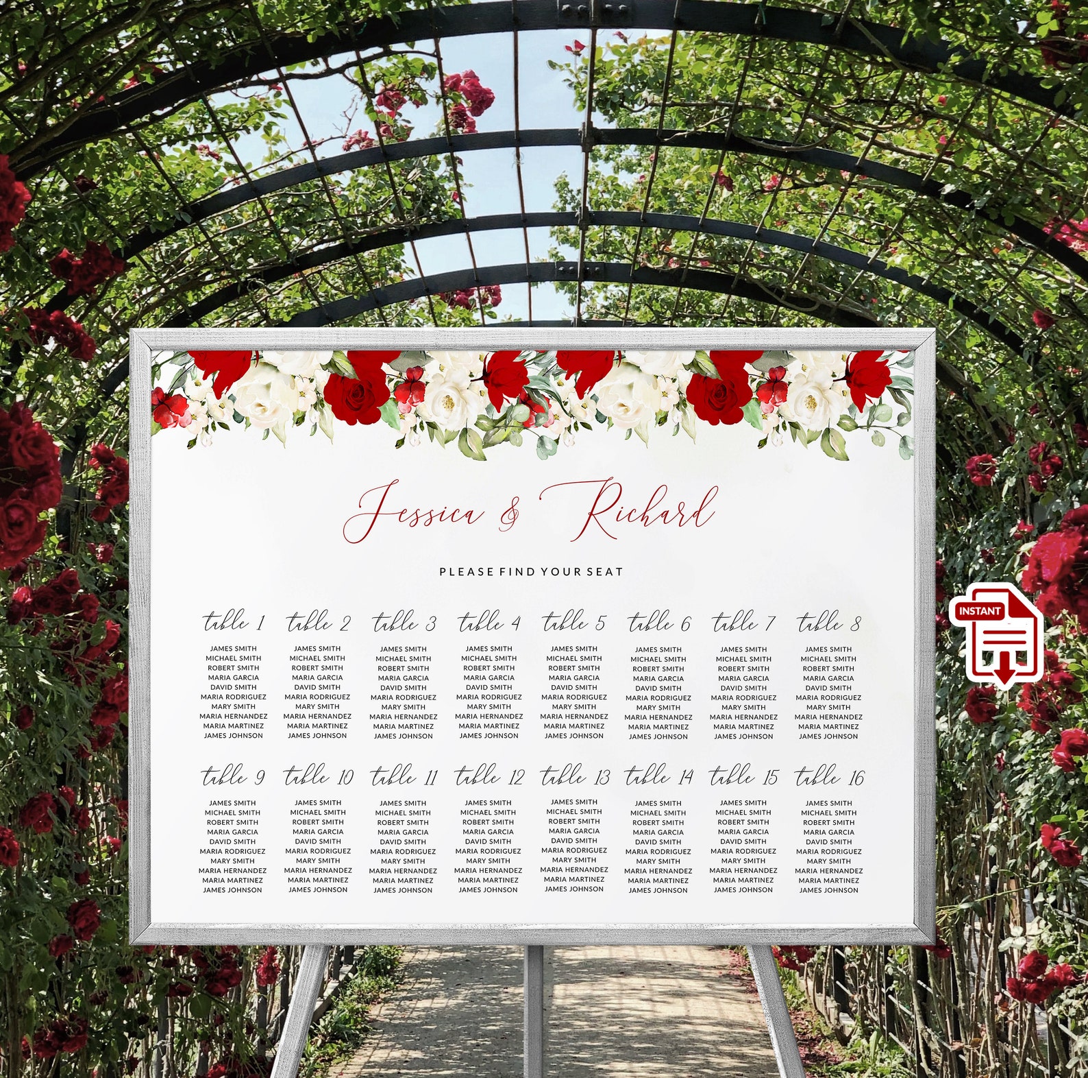 ROSIE Red Floral Wedding Seating Chart, Red and White Roses Seating ...