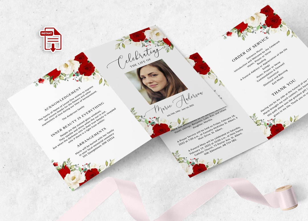 Funeral Program Template, Red Roses Funeral Program Template, Memorial ...