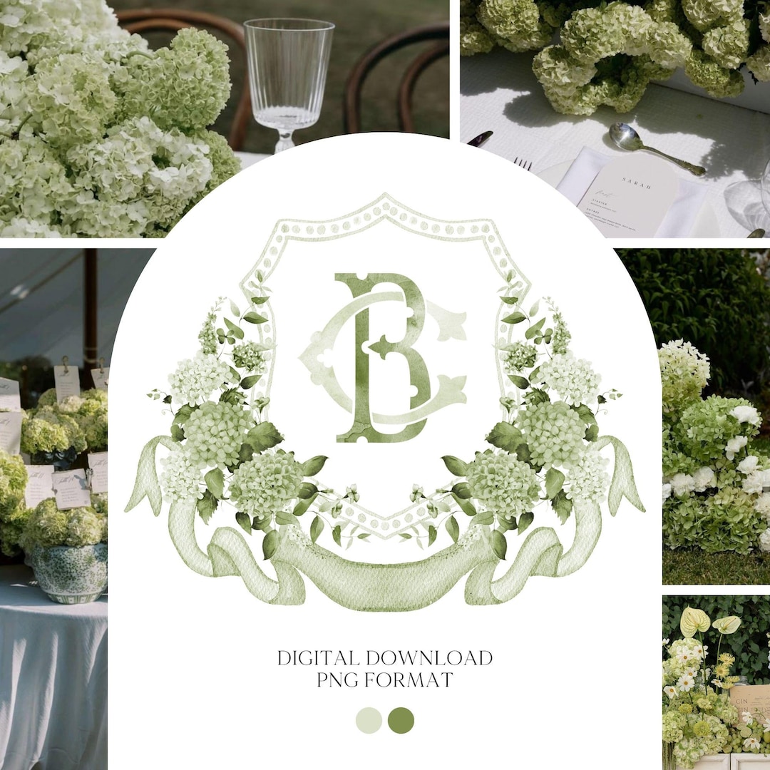 Green Hydrangea Flower Wedding Crest - Monogram Crest - Hydrangea ...