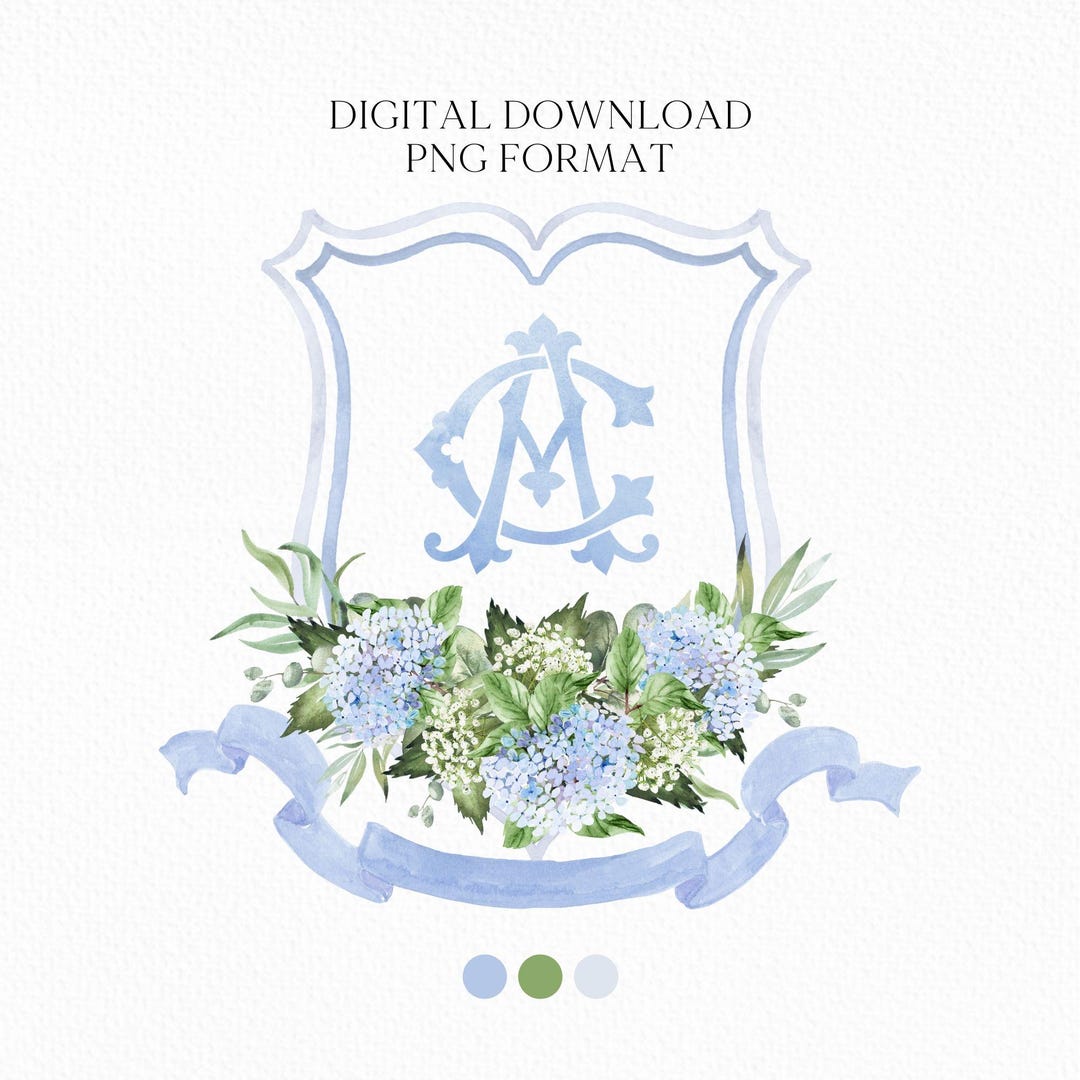 Hydrangea Flower Wedding Crest Monogram Crest Hydrangea Floral Blue ...