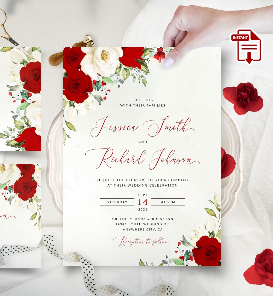 ROSIE Invitación de rosas rojas y blancas invitación de - Etsy México