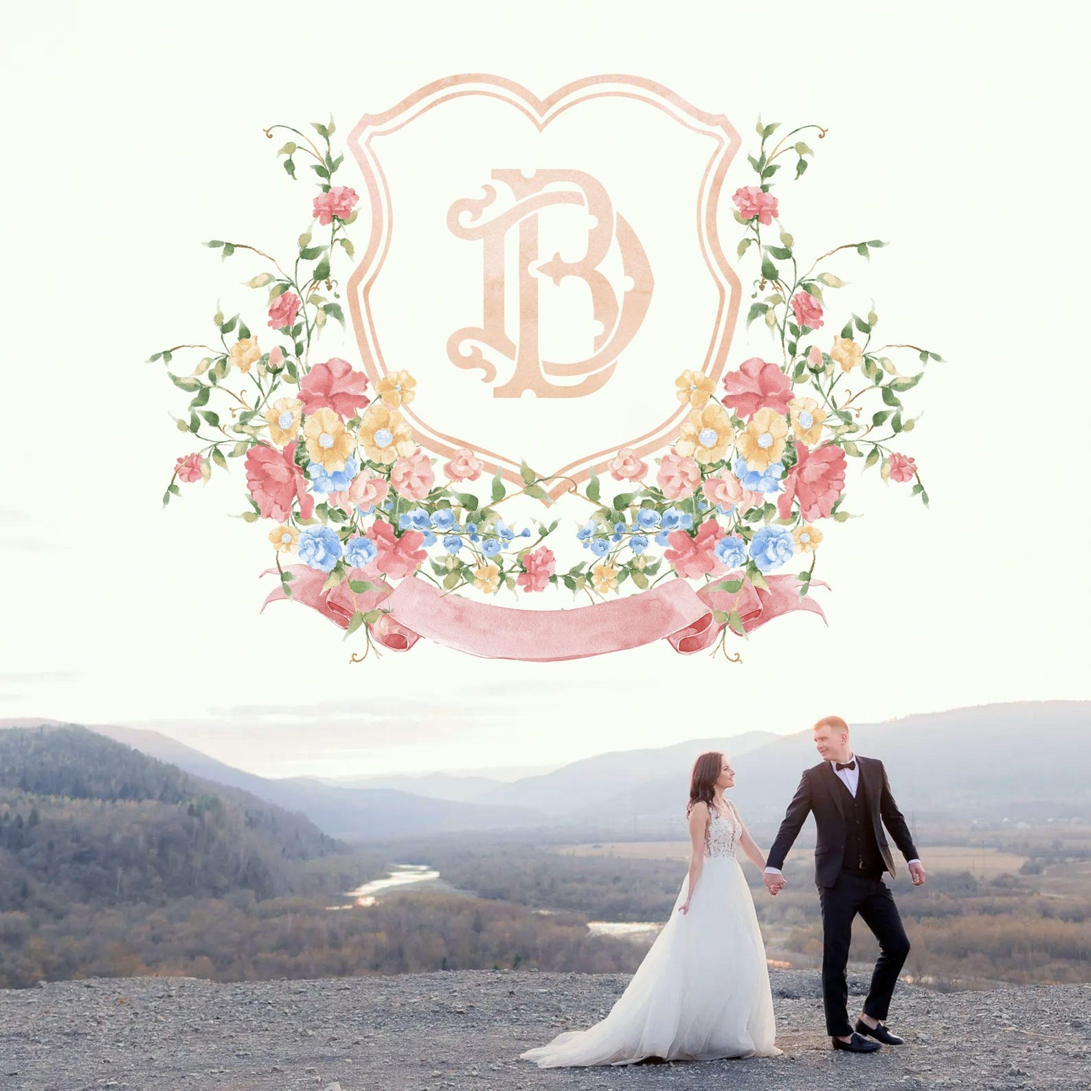 Wildflowers Pink Flower Garden Flowers Wedding Crest - Monogram Crest ...